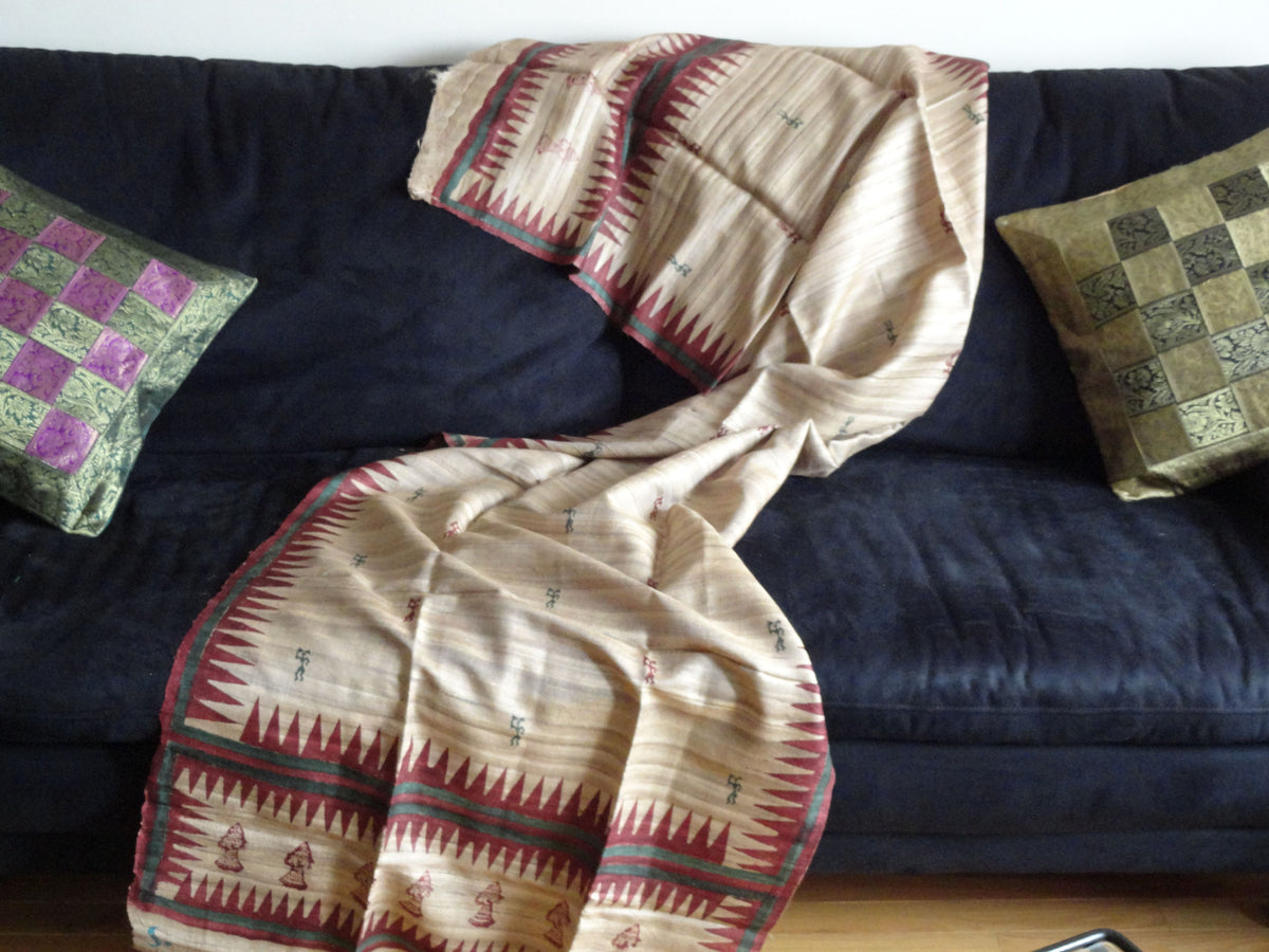 Beige burgundy sofa throw, Indian ethnic hand painted sofa throw. Trib ...